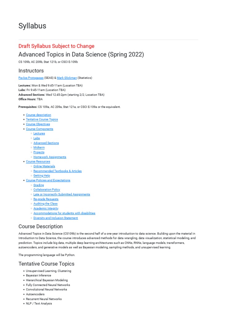 Harvard CS109B Syllabus Draft 20211216 | PDF | Audit | Lecture