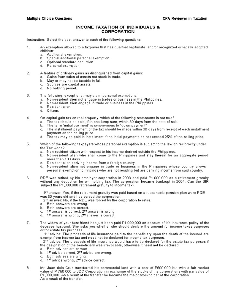 Multiple Choice Questions CPA Reviewer in Taxation Income Taxation of ...