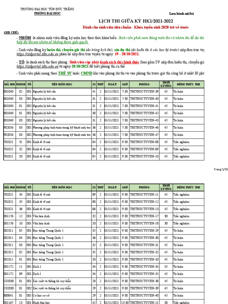 TC Lich Thi Giua Ky HK1.2021 2022 Khoa Cu | PDF