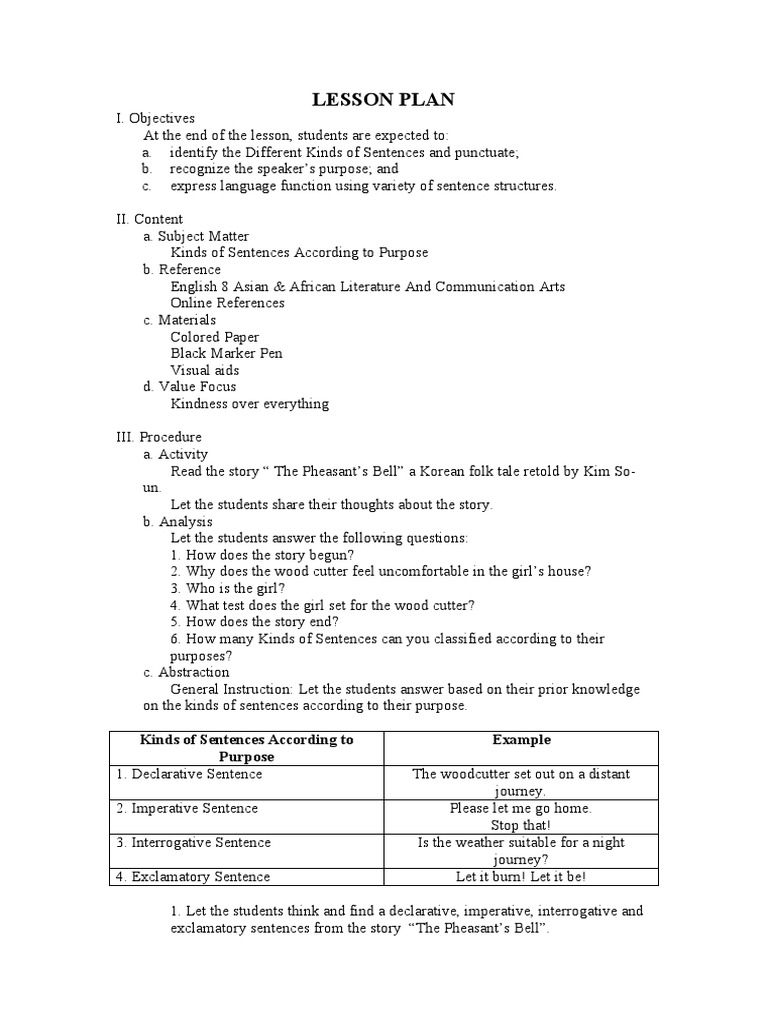 Lesson Plan: Kinds of Sentences According To Purpose Example | PDF ...