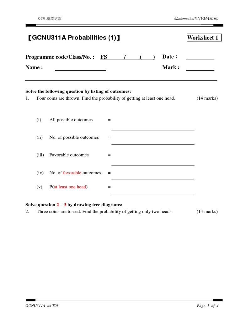Probability Worksheet: Solving Problems Involving Coin Tosses, Dice ...