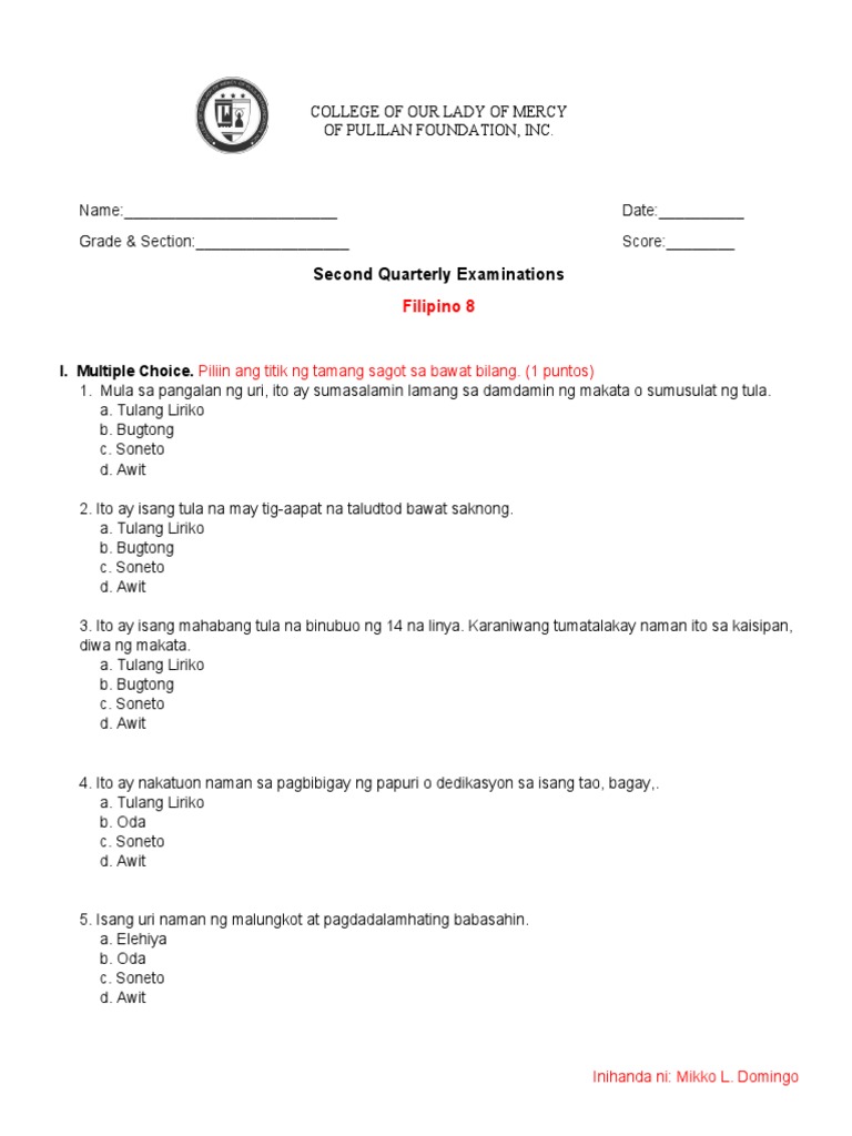 Filipino 8 2nd Quarterly Exam | PDF