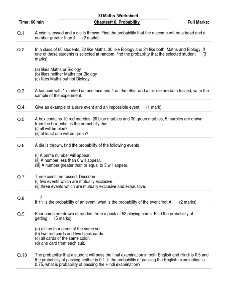 CBSE Class 11 Mathematics Worksheet - Probability | PDF | Probability ...