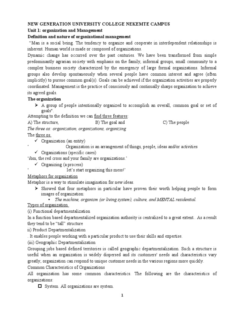 New Generation University College Nekemte Campus Unit 1: Organization ...