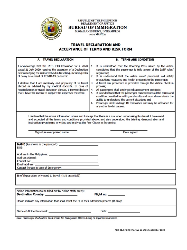 Boi Declaration Form Travel Declaration | PDF