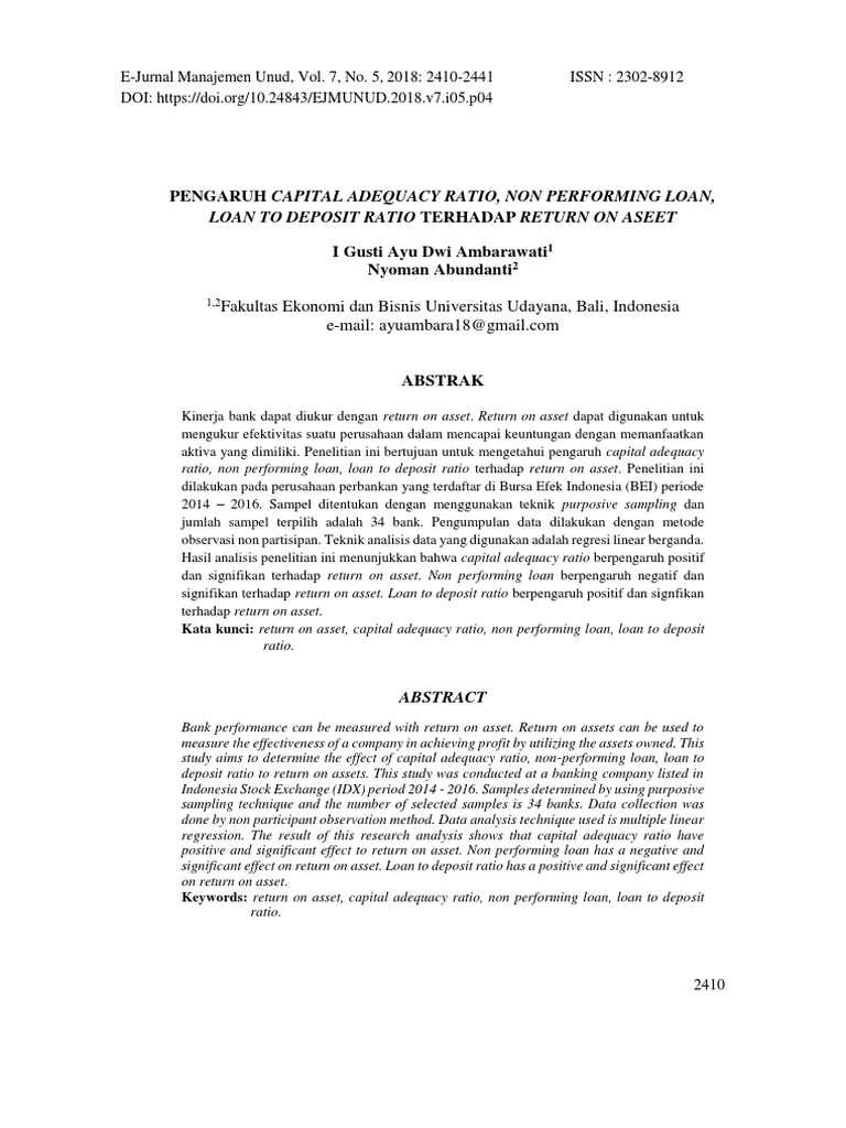 Pengaruh Capital Adequacy Ratio, Non Performing Loan,: Loan To Deposit Ratio Terhadap Return On ...