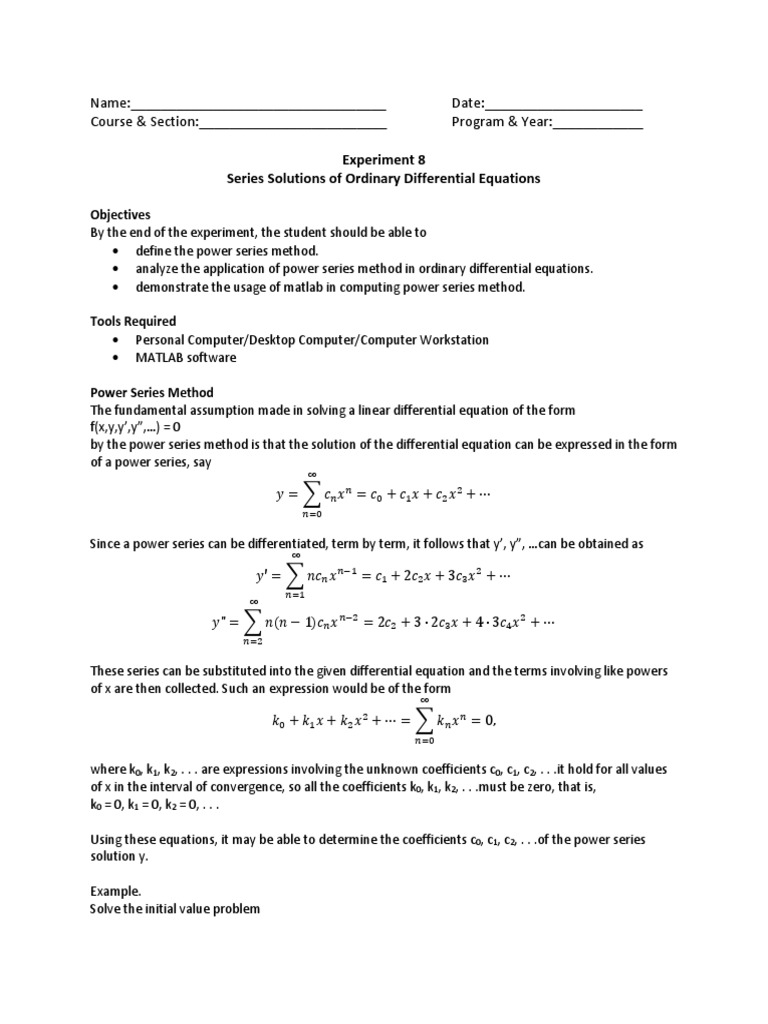 Power Series Solutions in ODEs | PDF | Equations | Differential Equations