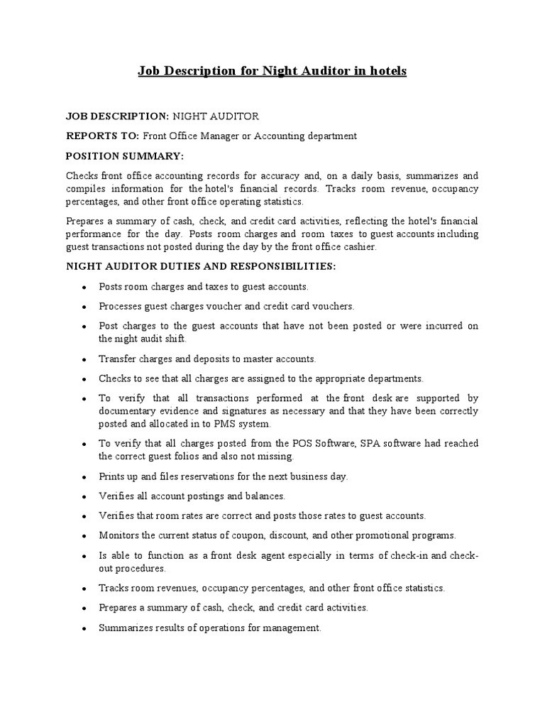 Job Description For Night Auditor in Hotels | PDF | Economies | Business