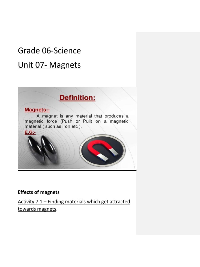 Grade 06-Science Unit 07-Magnets | PDF | Magnet | Magnetism