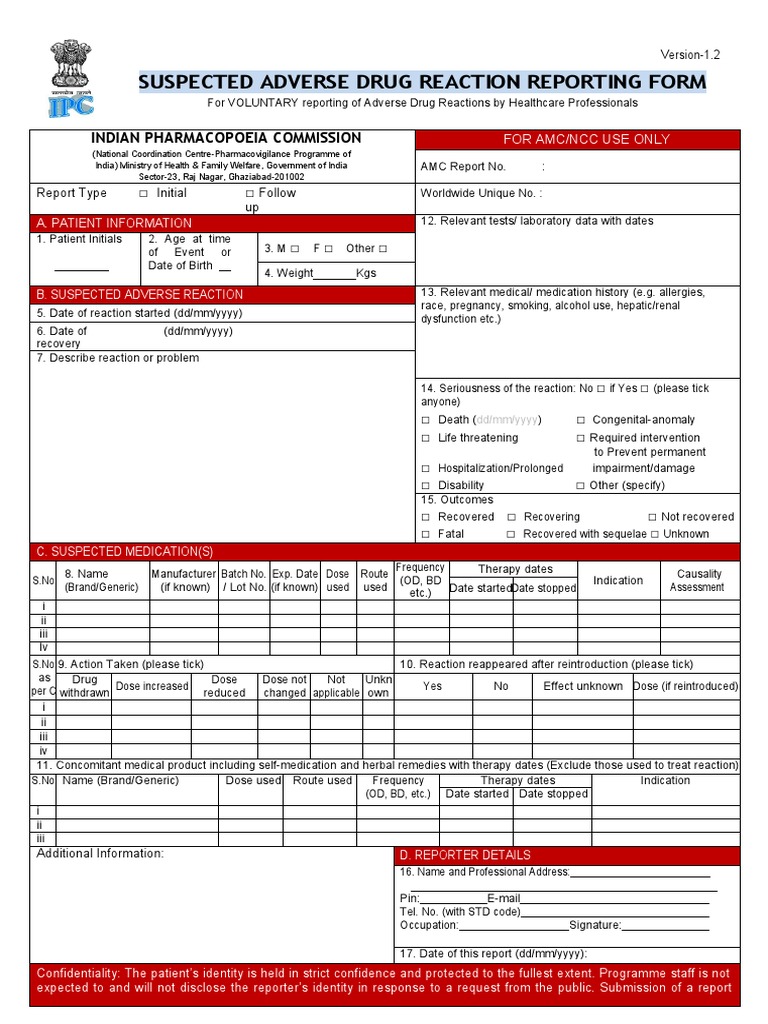 Suspected Adverse Drug Reaction Reporting Form: Indian Pharmacopoeia Commission | PDF | Medical ...