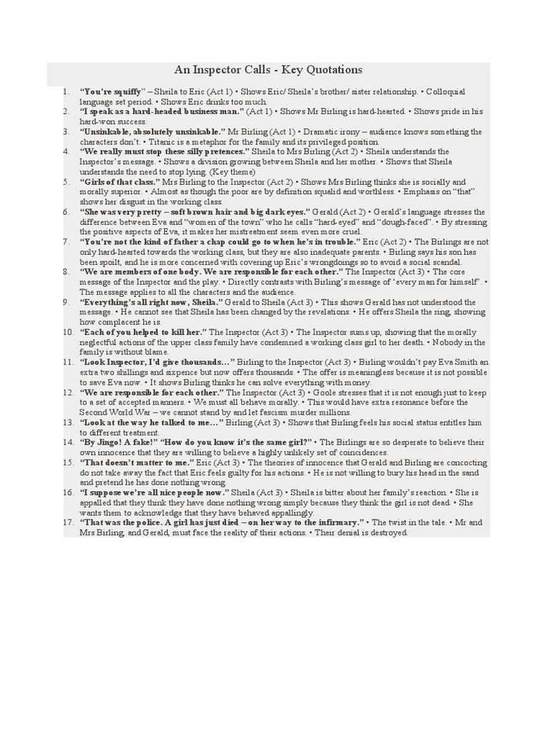 Key Quotes from An Inspector Calls | PDF | Mystery, Thriller & Crime ...