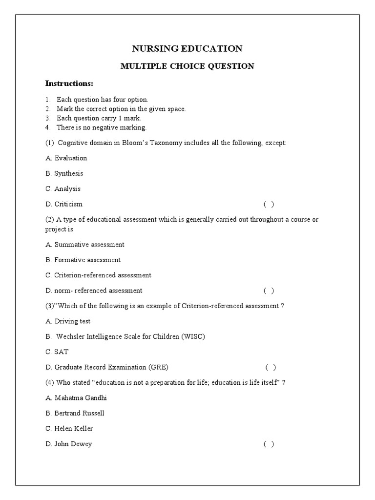Nursing Education: Multiple Choice Question Instructions | PDF | Multiple Choice | Graduate ...