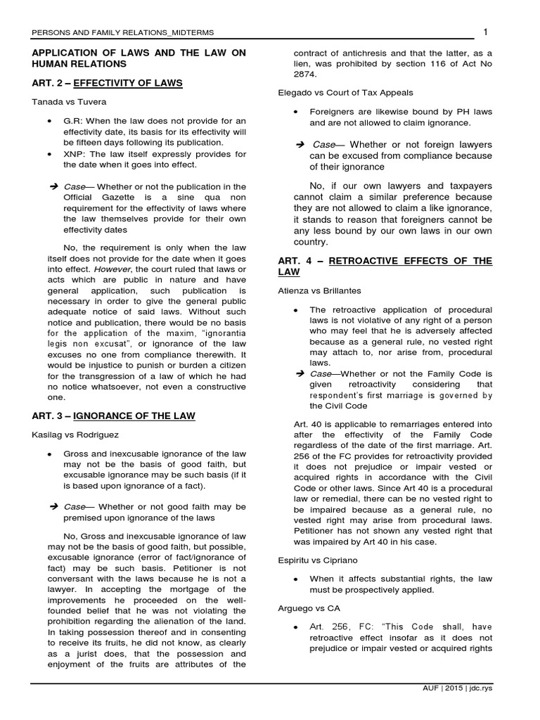Application of Laws and The Law On Human Relations ART. 2 - Effectivity ...