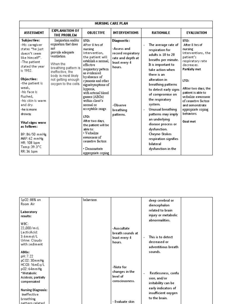 Nursing Care Plan Assessment Explanation of The Problem Objective Interventions Rationale ...