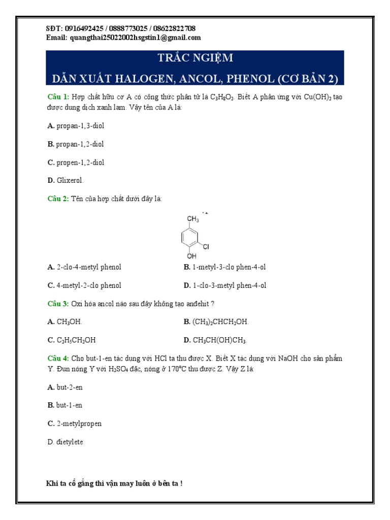 TRẮC NGIỆM DẪN XUẤT HALOGEN ANCOL PHENOL CƠ BẢN 2 | PDF