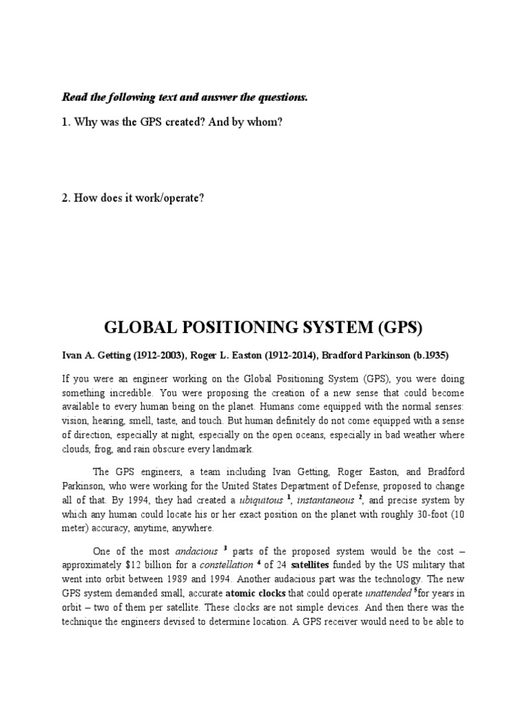 Global Positioning System (GPS) : Read The Following Text and Answer ...