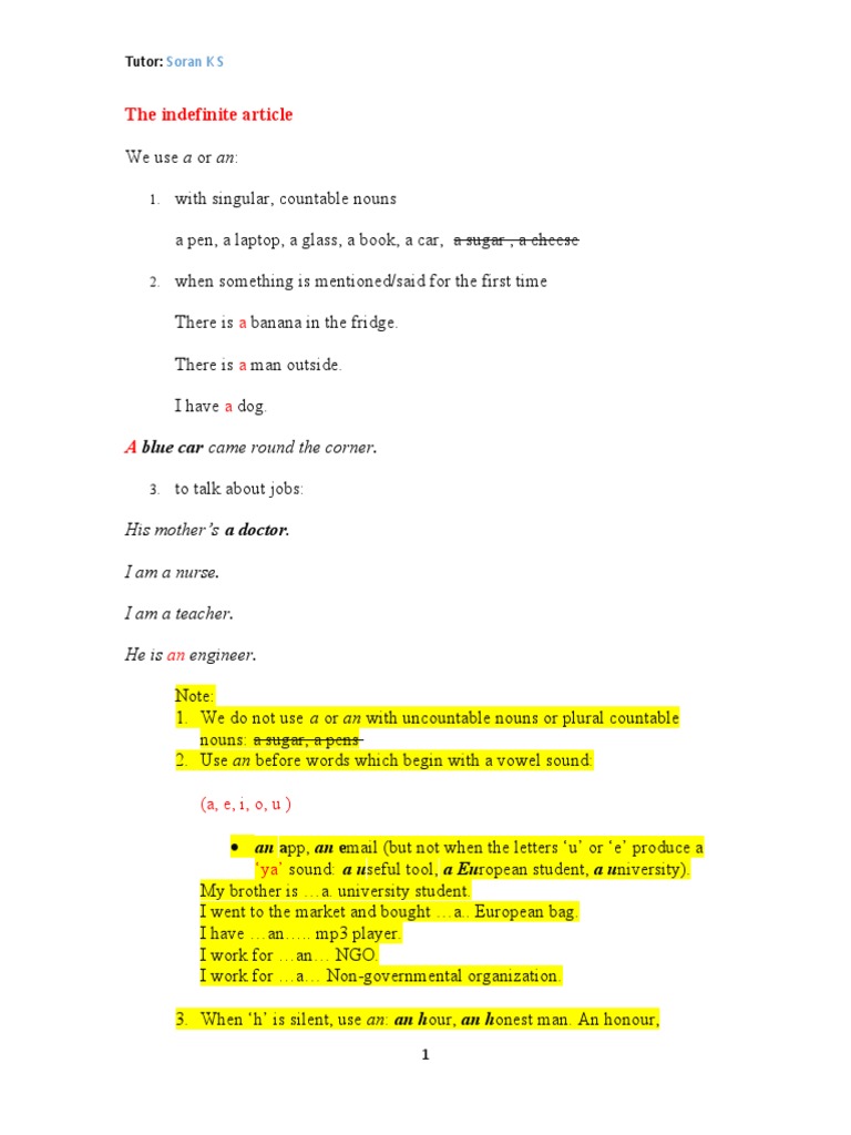 A An The, Zero (Articles in English) | PDF | Noun | Plural