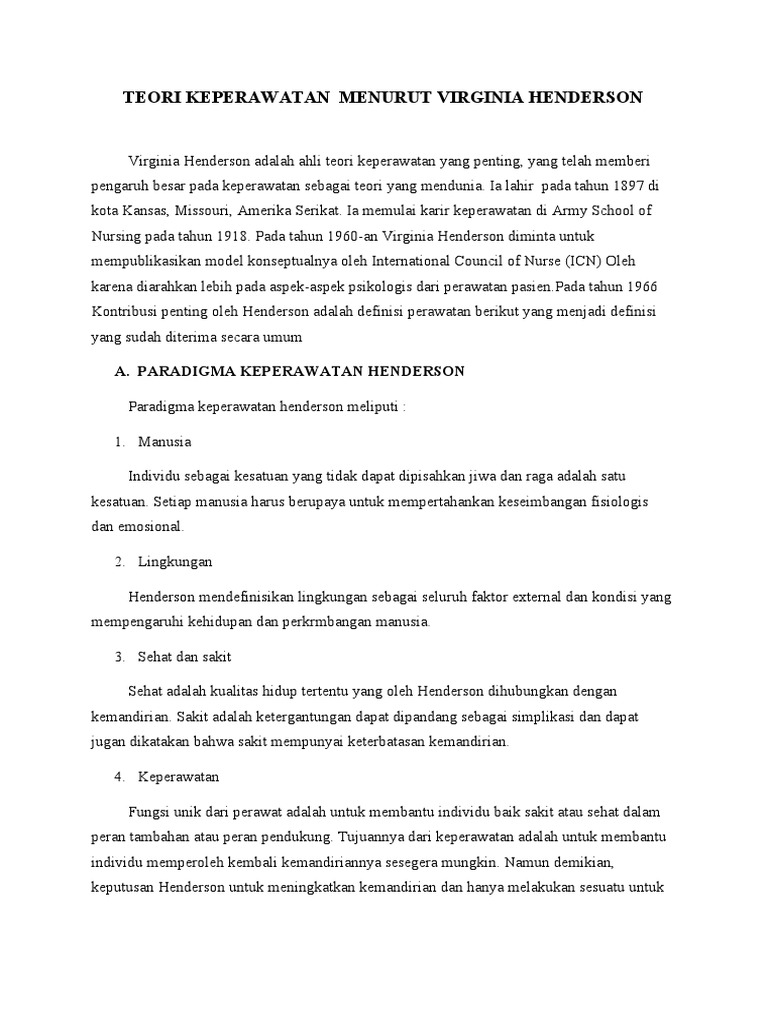 Teori Kebutuhan Manusia Menurut Virginia Henderson | PDF