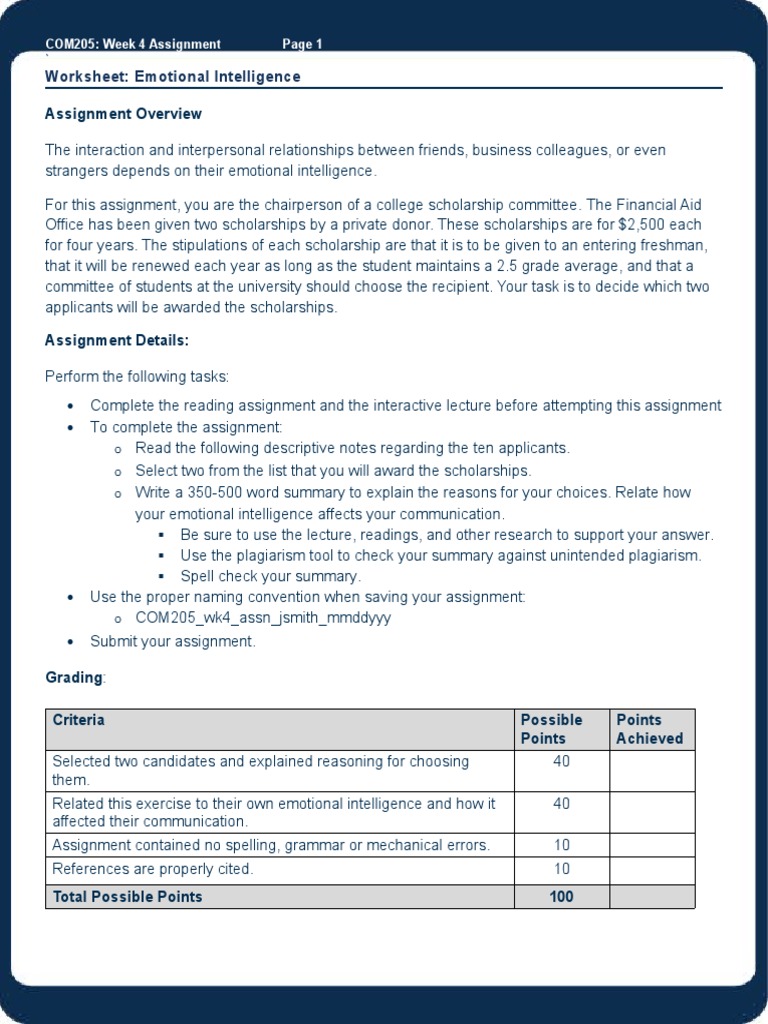 Assignment Overview: Worksheet: Emotional Intelligence | PDF ...