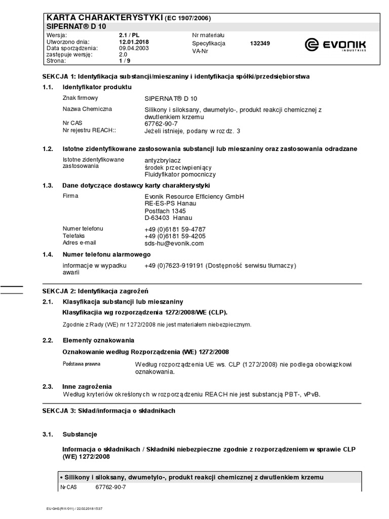 Sipernat d10 Evonik 2018 | PDF