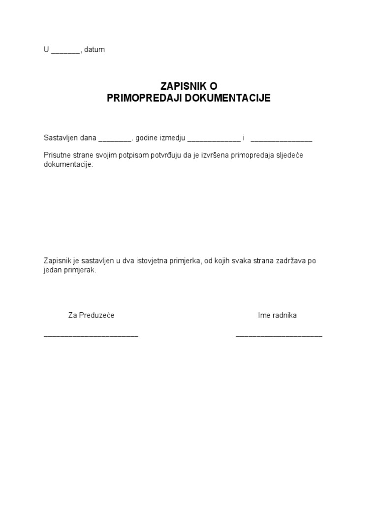 Zapisnik o Primopredaji Dokumentacije | PDF