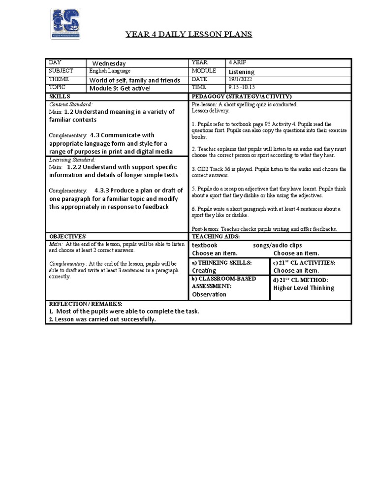 Year 4 Daily Lesson Plans | PDF | Teachers | Lesson Plan