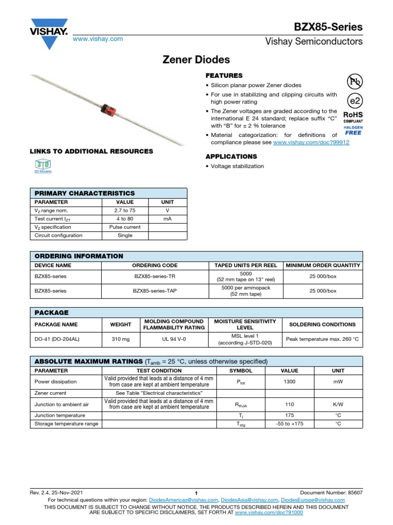BZX85-Series Zener Diodes: Vishay Semiconductors | PDF | Diode ...