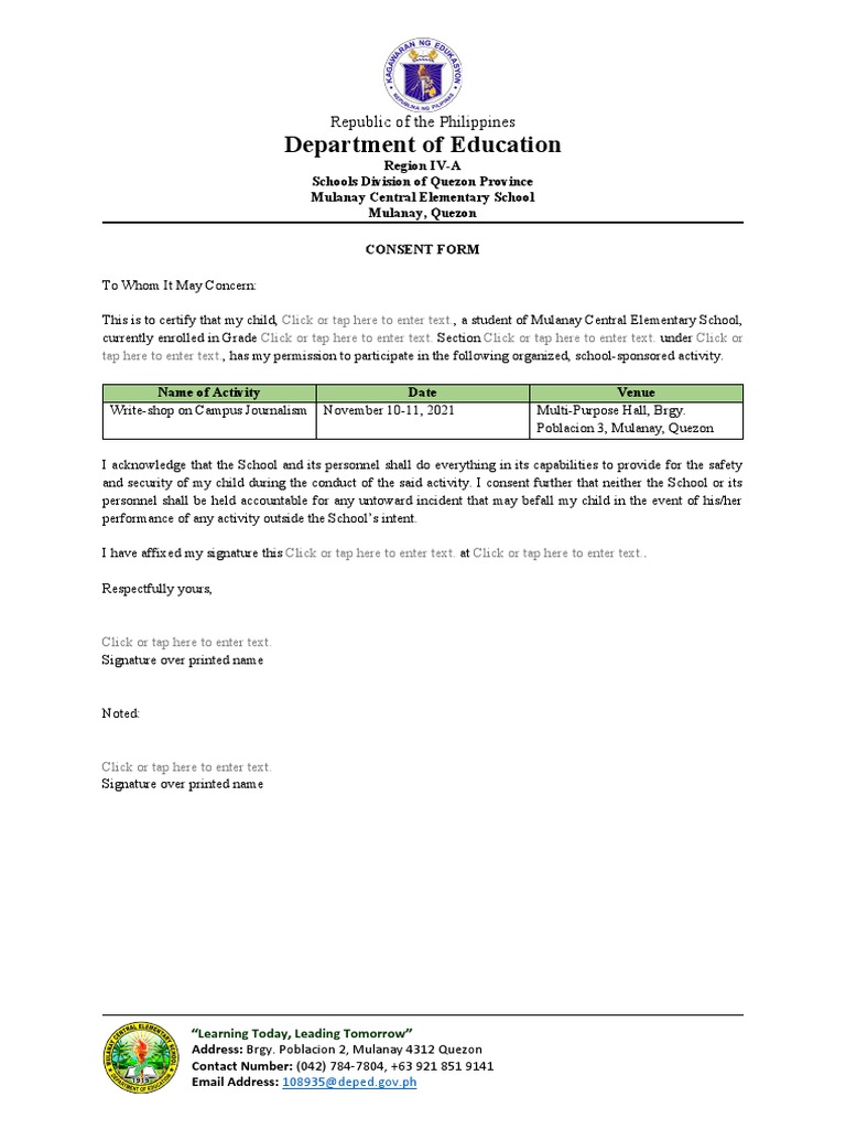 Consent Form For School Activity | PDF | Wellness