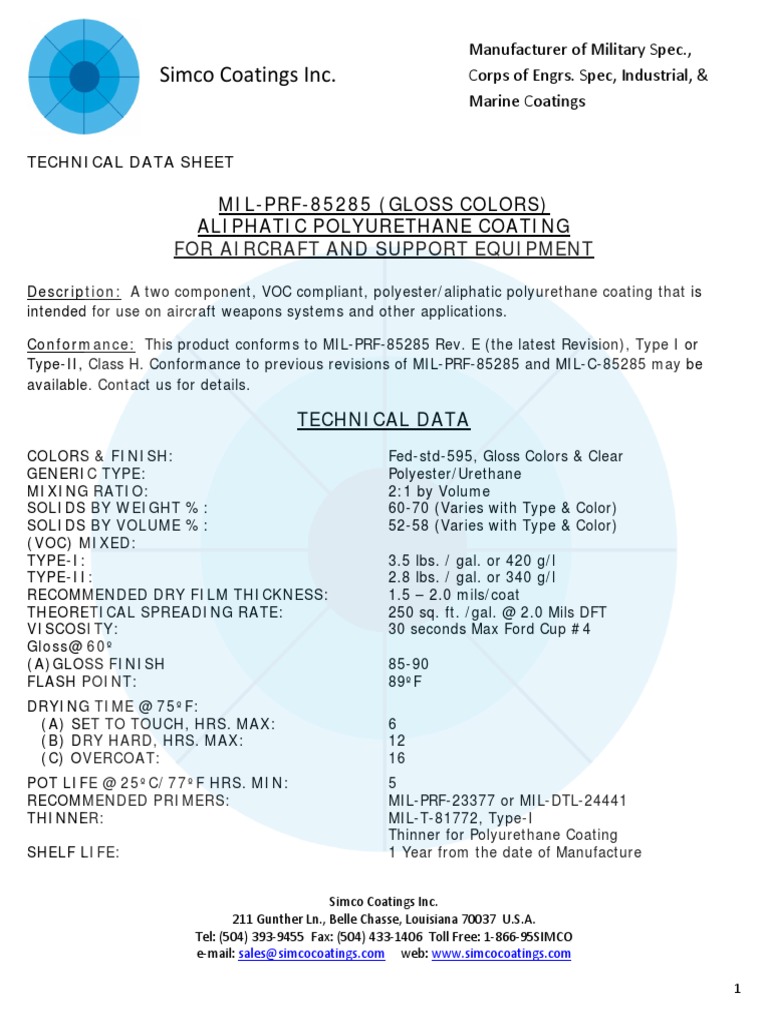 Simco Coatings Inc.: Mil-Prf-85285 (Gloss Colors) Aliphatic ...