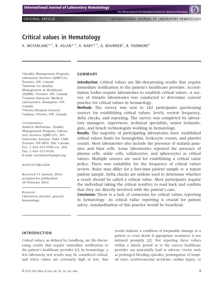 Critical Value in Hematology | PDF | White Blood Cell | Health Care