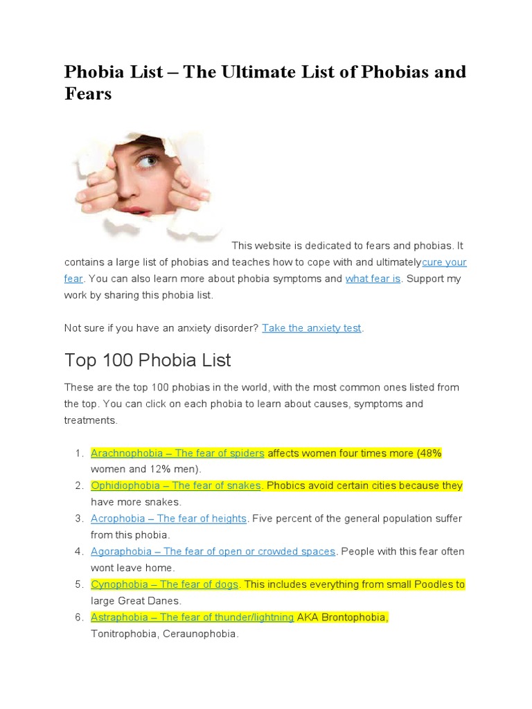 Phobia List - The Ultimate List of Phobias and Fears | PDF | Phobia ...