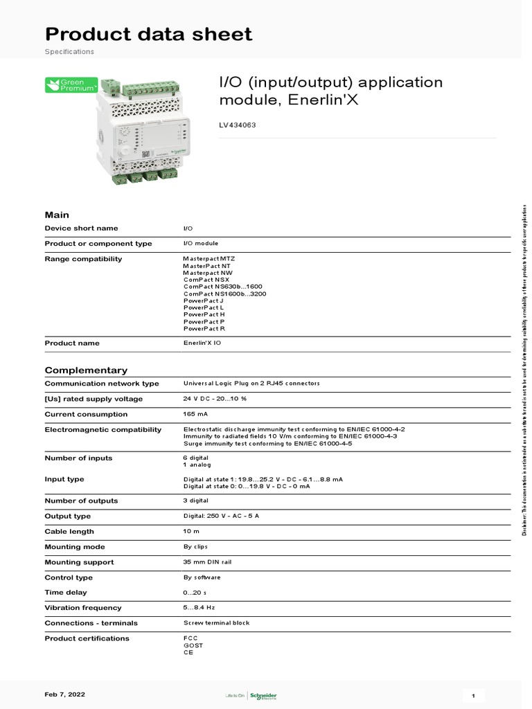 Specification Sheet for the Enerlin'X LV434063 I/O Application Module ...