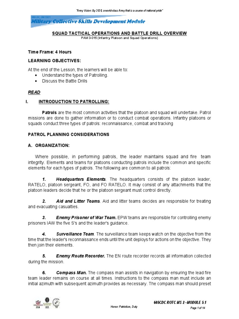 Squad Tactical Operations and Battle Drills Cadets Handout | PDF ...