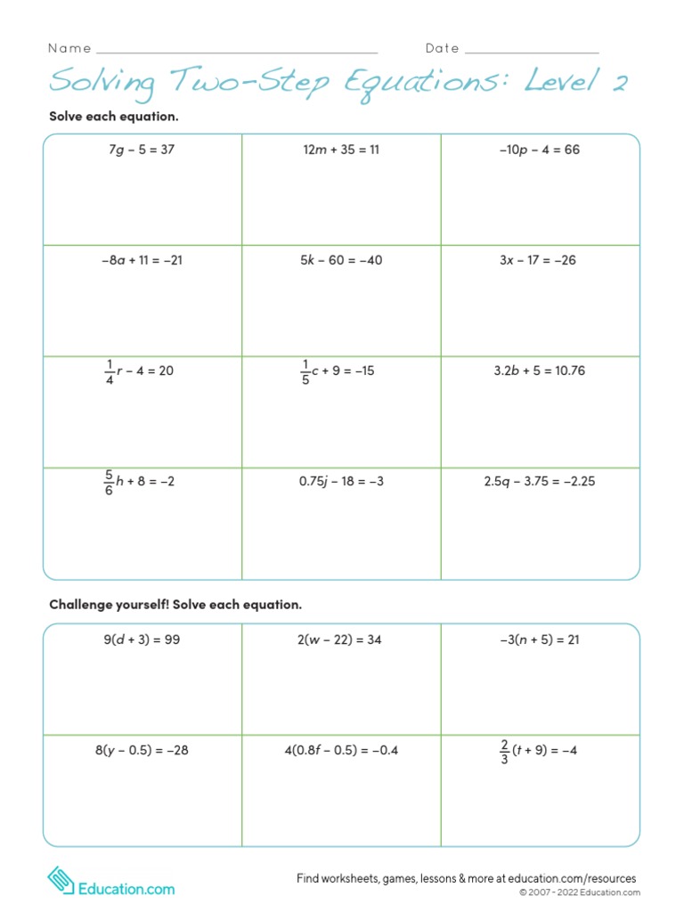 Solving Two-Step Equations: Level 2: Solve Each Equation | PDF