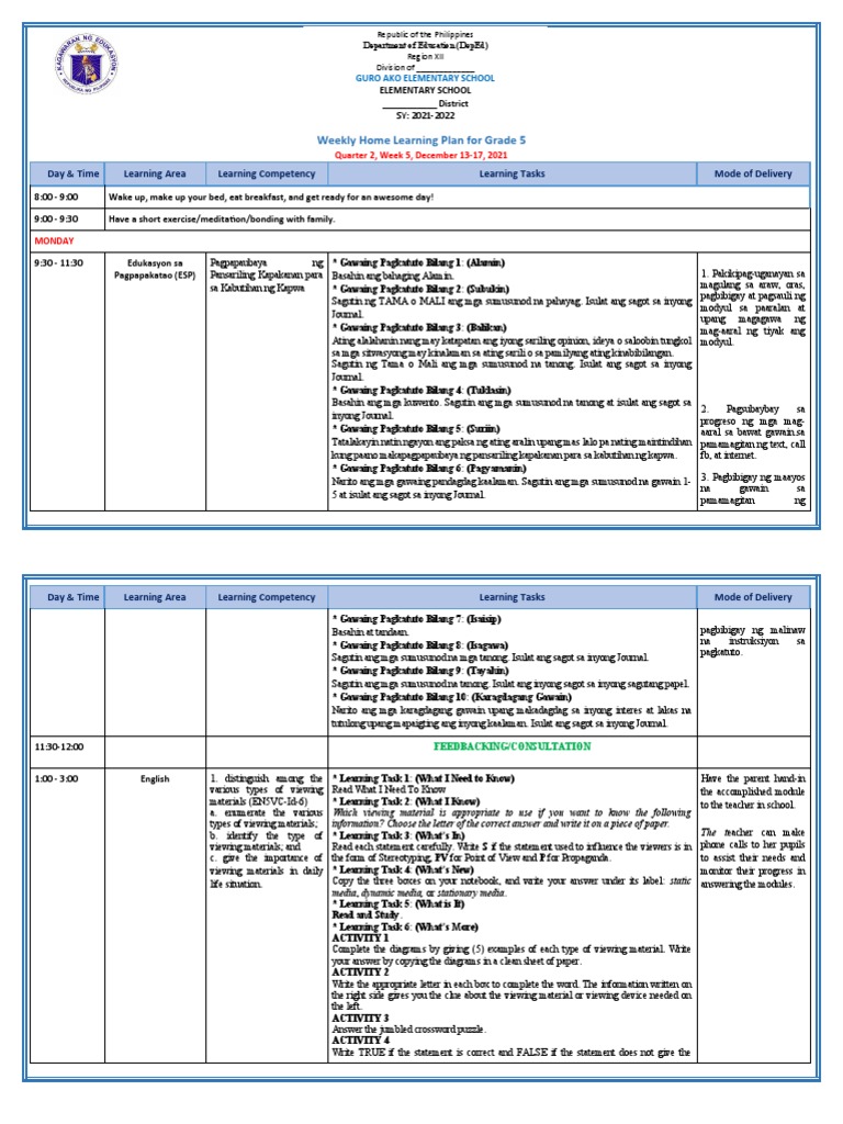 WHLP Detailed Grade 5 q2 w5 All Subjects | PDF