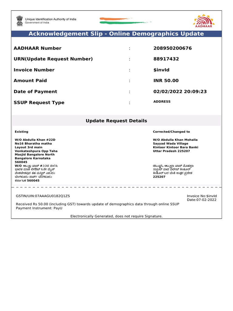 Update Aadhaar Demographics Online | PDF
