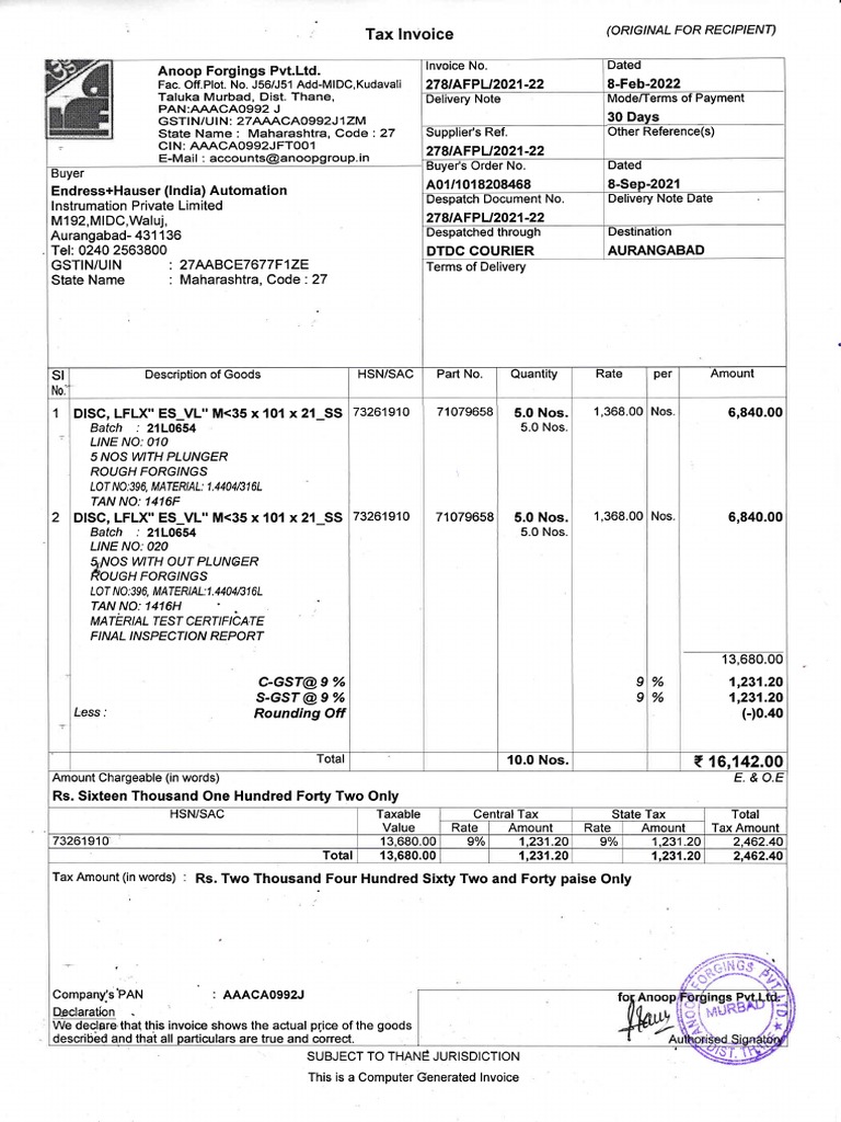Tax Invoice for the Sale of Forged Discs from Anoop Forgings Pvt. Ltd ...