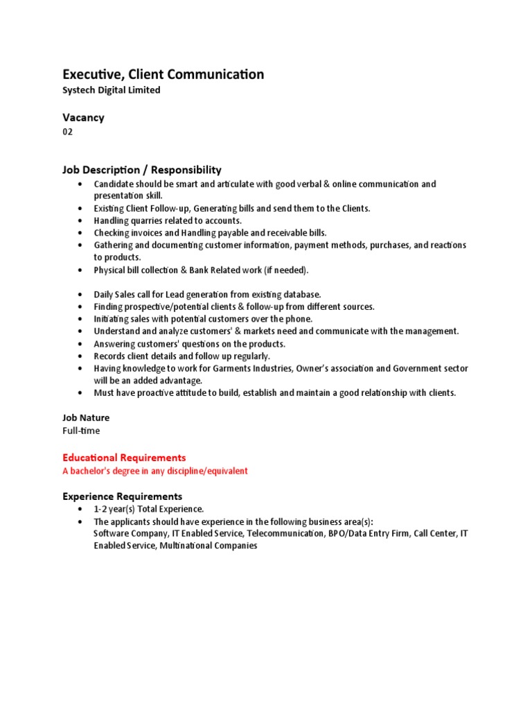 Executive, Client Communication: Vacancy | PDF | Sales | Internet