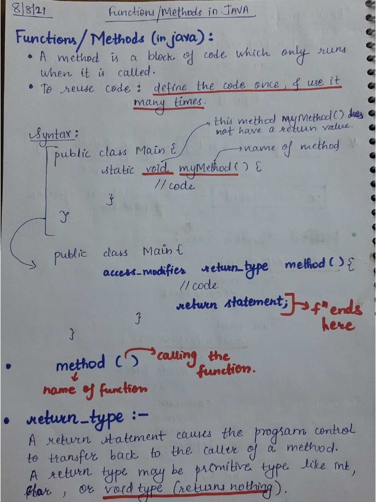 Handwritten Notes On Functions and Methods | PDF