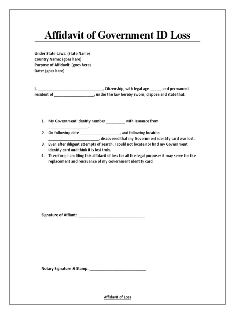 Affidavit For Loss of Identity Card | PDF | Politics | Law