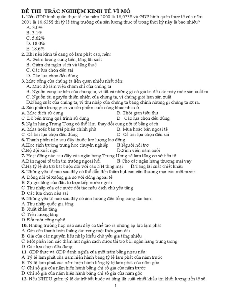 Đề Thi Trắc Nghiệm Kinh Tế Vĩ Mô (Có Đáp Án) | PDF