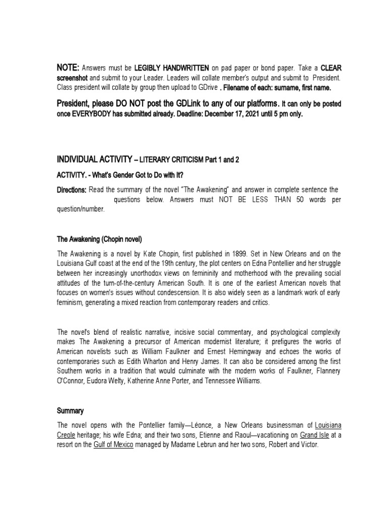 Literary Criticism of "The Awakening" | PDF | The Awakening (Chopin Novel)