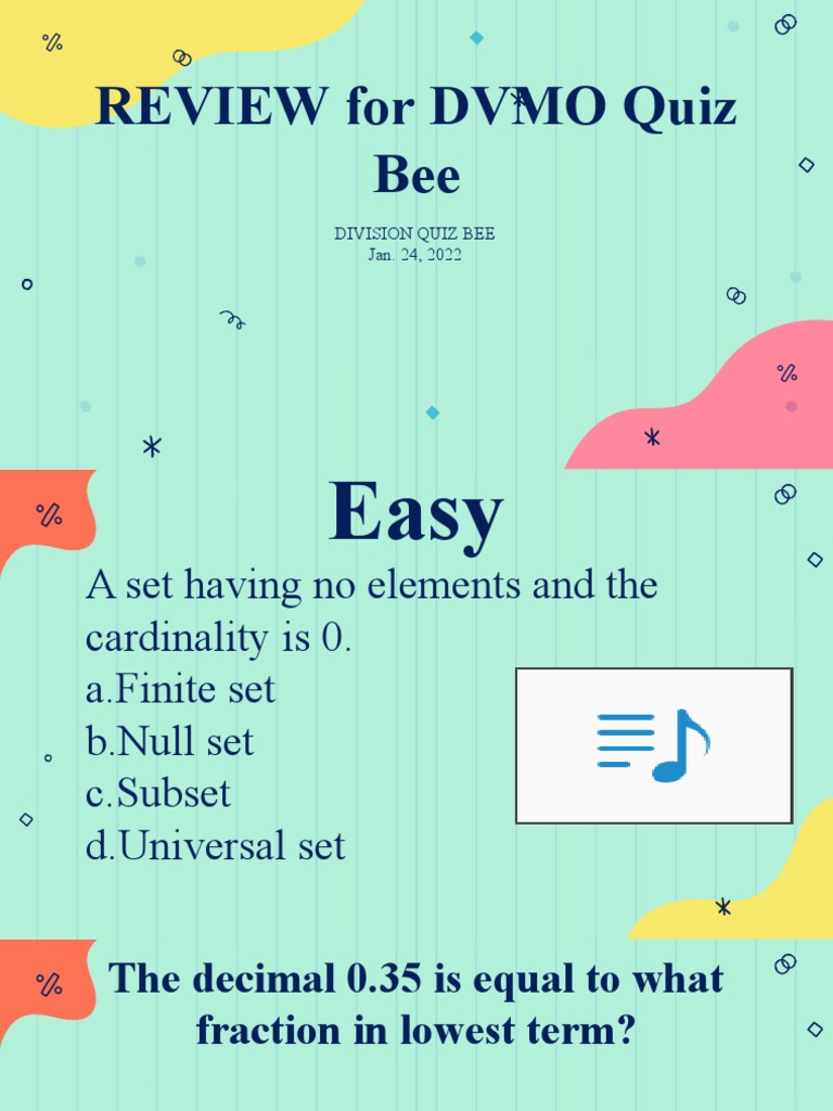 Review For Dvmo Quiz Bee | PDF | Area | Numbers