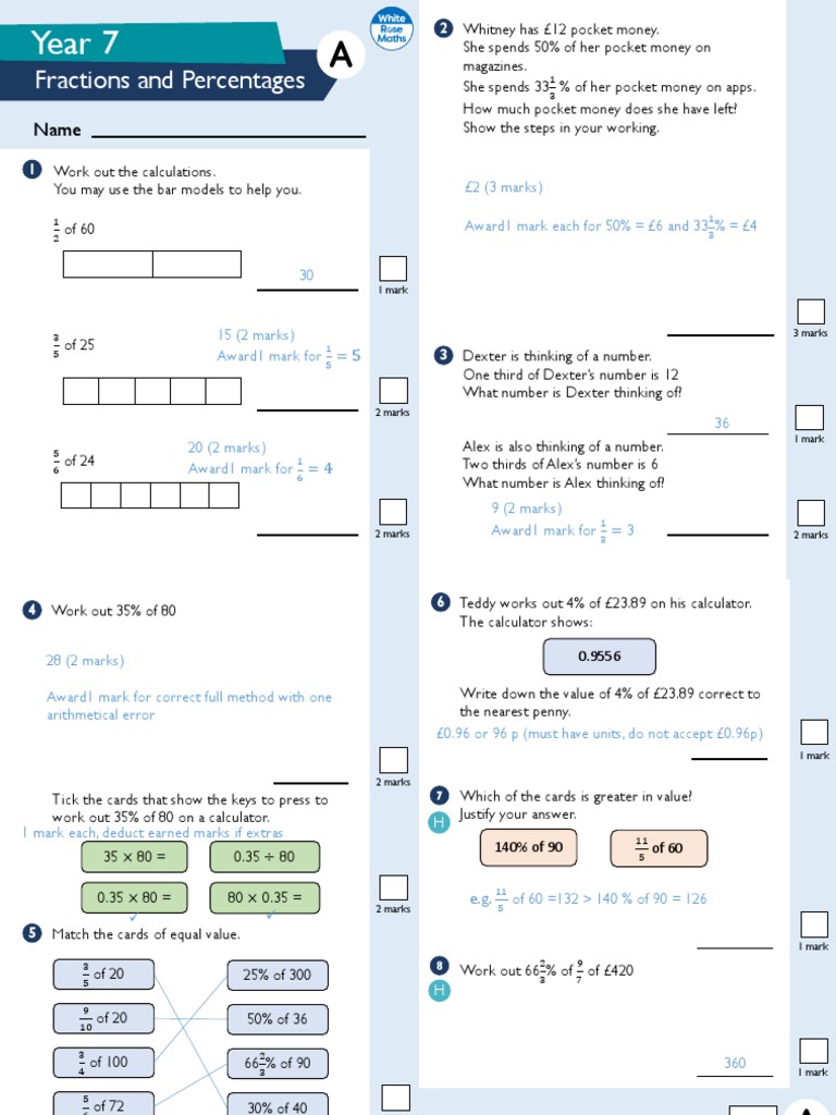 WRM Y7 Spring b3 Fractions Percentages of Amounts Assessment Answers A | PDF | Mathematics