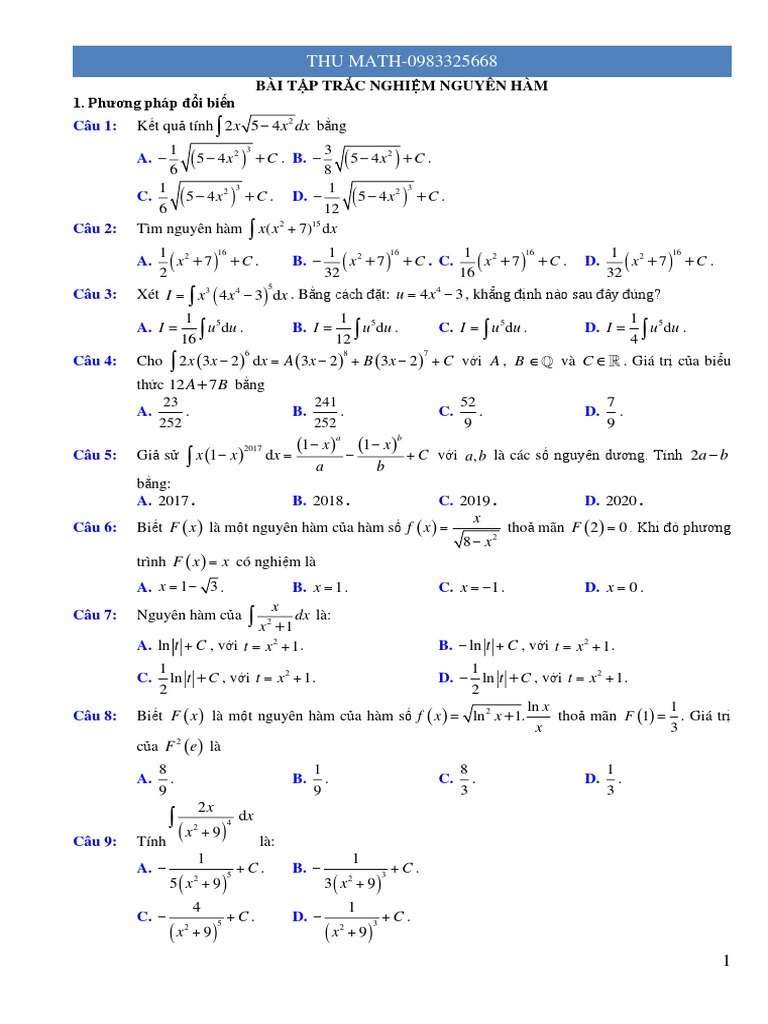 Bai Tap Trac Nghiem Nguyen Ham | PDF