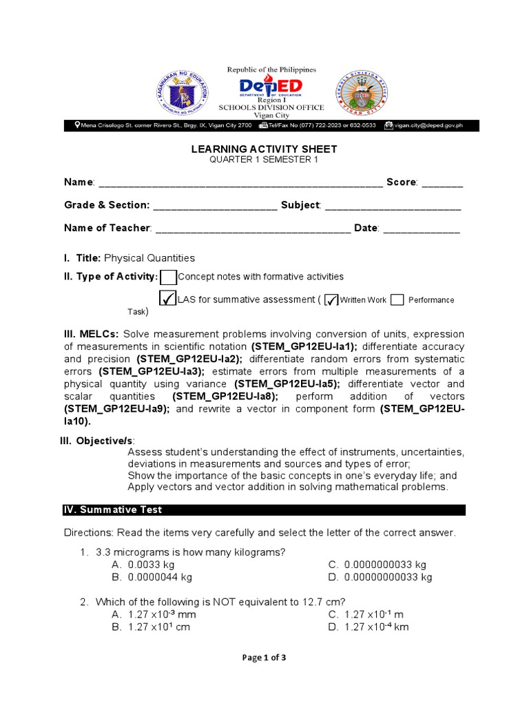 Physics Measurement & Vectors Quiz | PDF | Euclidean Vector | Accuracy ...
