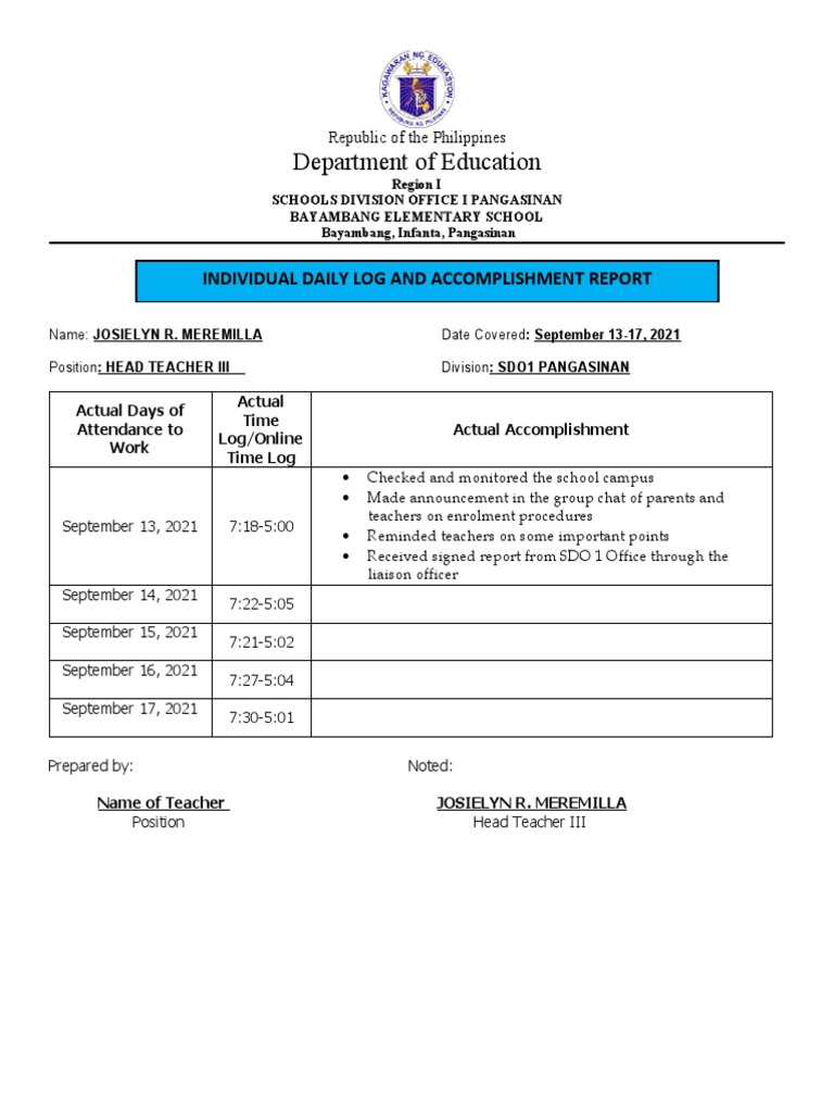 Individual Daily Log and Accomplishment Report IDLAR For Teachers | PDF