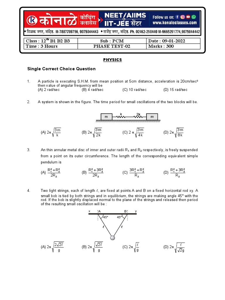 Class: 12 B1 B2 B3 Sub: PCM Date: 09-01-2022 Time: 3 Hours Phase Test ...