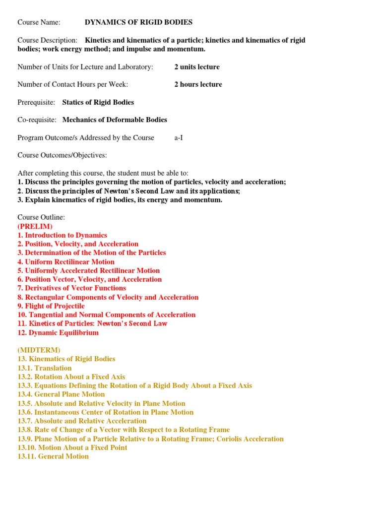 Dynamics of Rigid Bodies | PDF | Acceleration | Kinematics Dynamics of Rigid Bodies | PDF | Acceleration | Kinematics