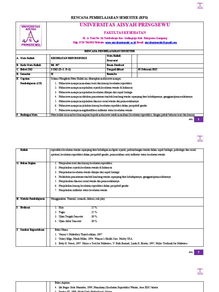 Universitas Aisyah Pringsewu: Rencana Pembelajaran Semester (RPS) | PDF